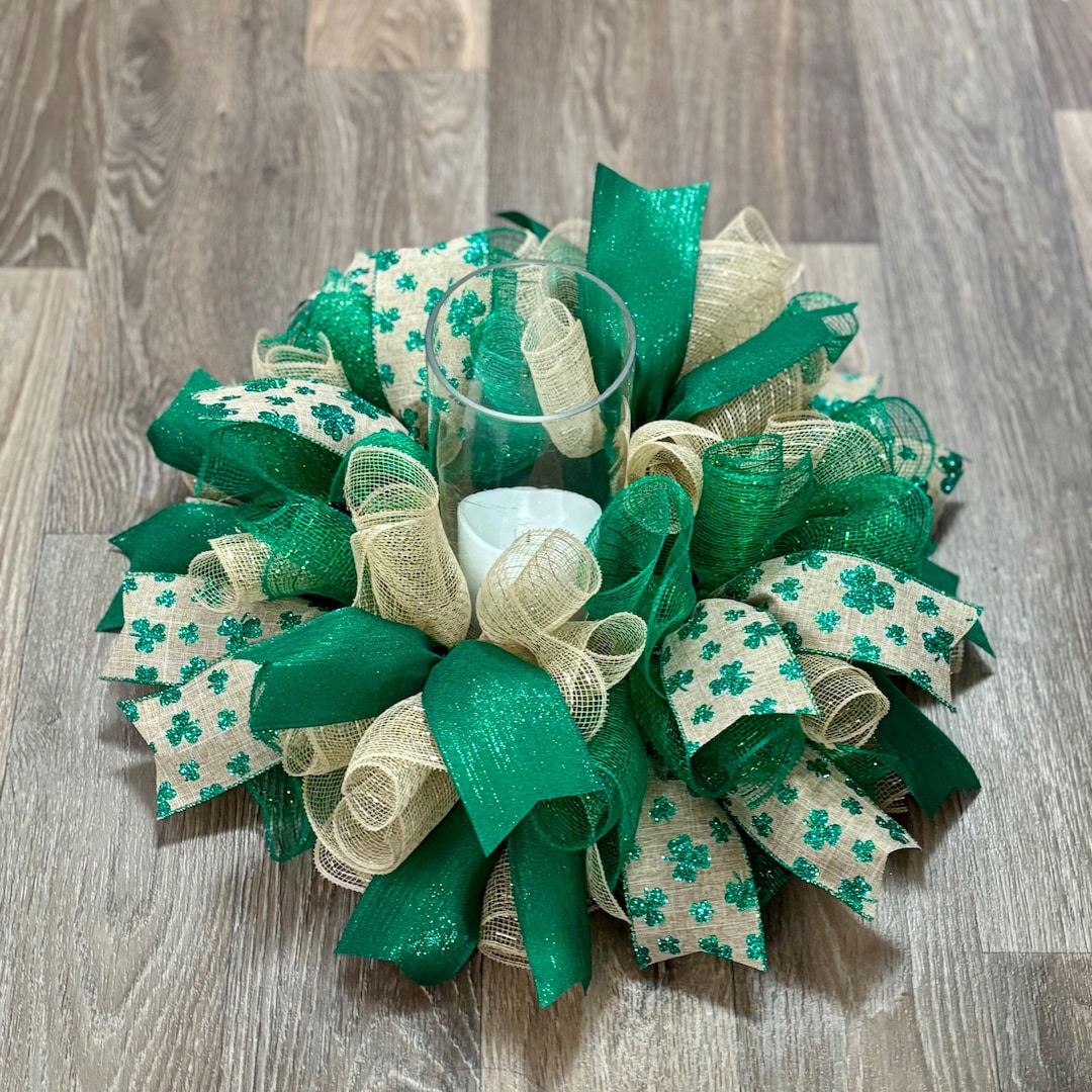 18" Shamrock Deco Mesh Centerpiece /saint Patrick's Day Candle Holder ...