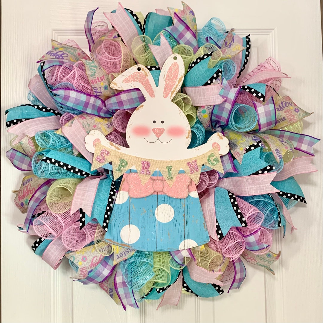 Spring Mesh Wreath, Easter Bunny Wreath, Bunny Front Door Decor, Bunny ...