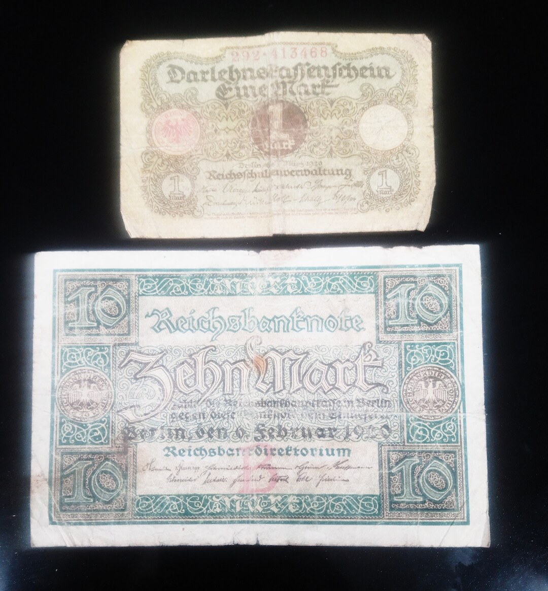 Vintage Pair of Antique German Banknotes, One Mark 1920 and Ten Marks ...