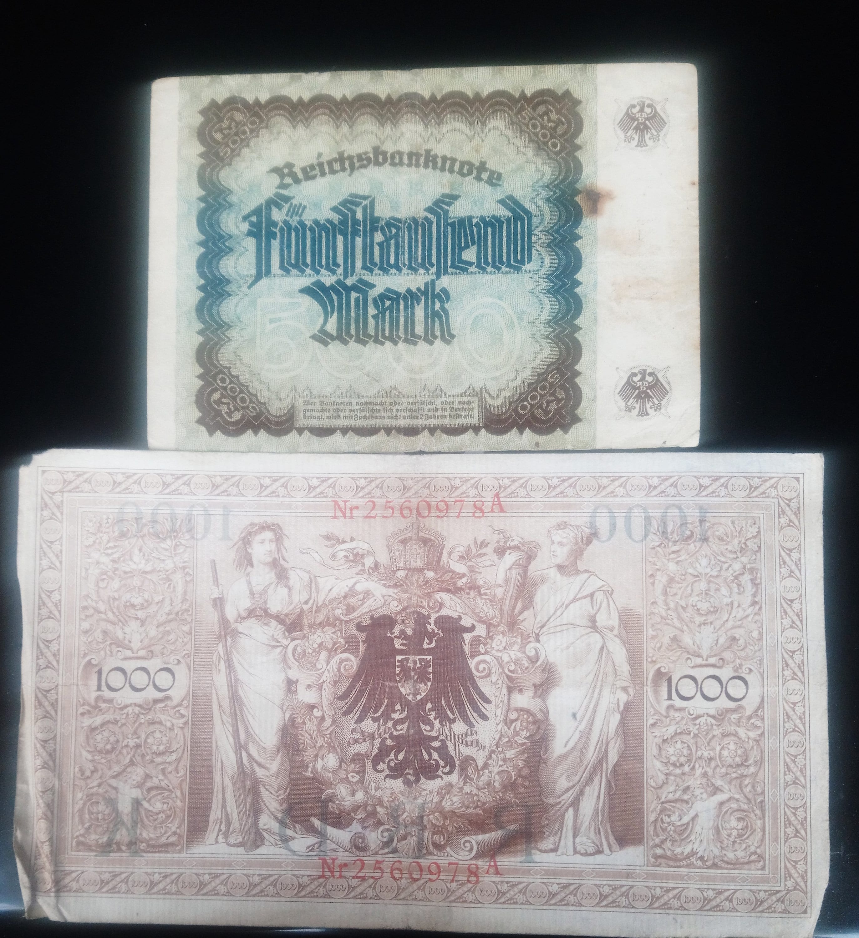 Vintage Pair of Antique German Banknotes, 5000 Marks 1922 and 1000 ...