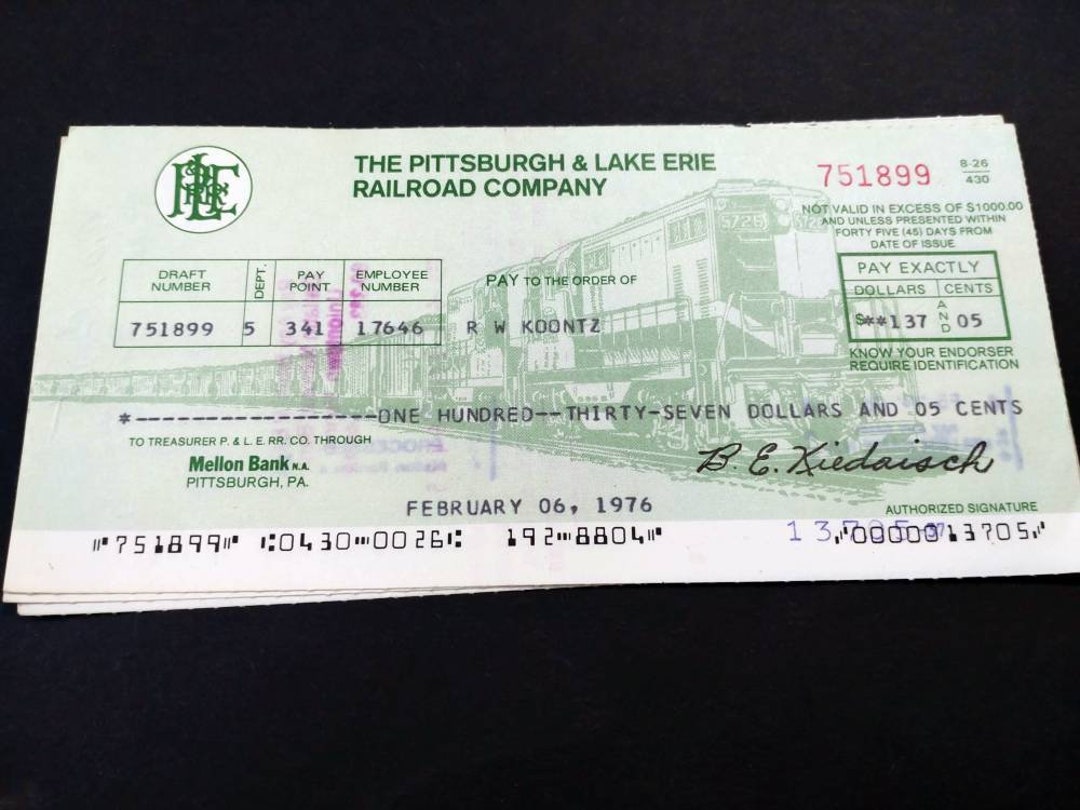 Vintage Cashier's Cheque the Pittsburgh and Lake Erie Railroad Company ...