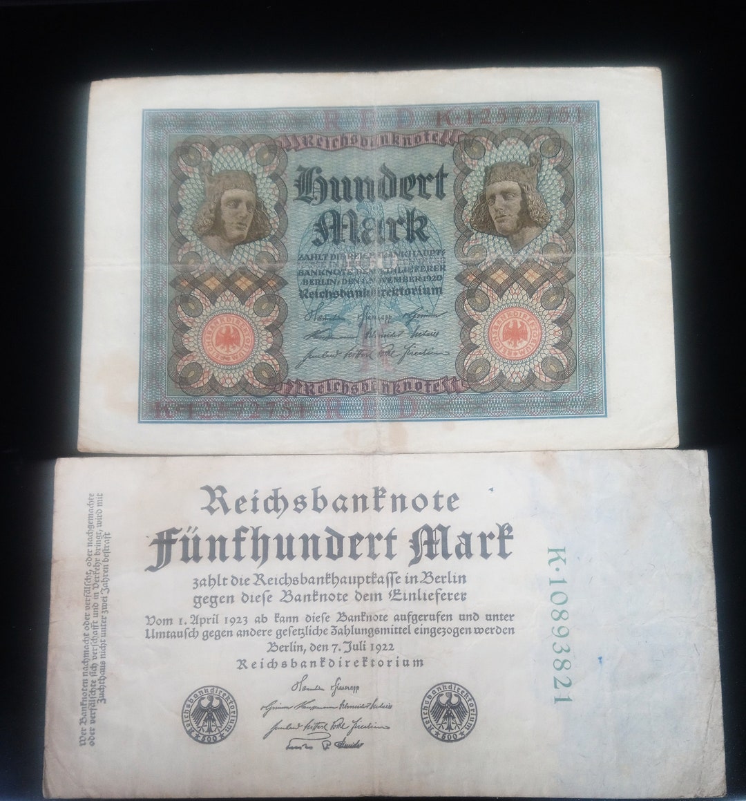 Vintage Paar Antike Deutsche Geldscheine, 100 Mark 1920 und 500 Mark ...