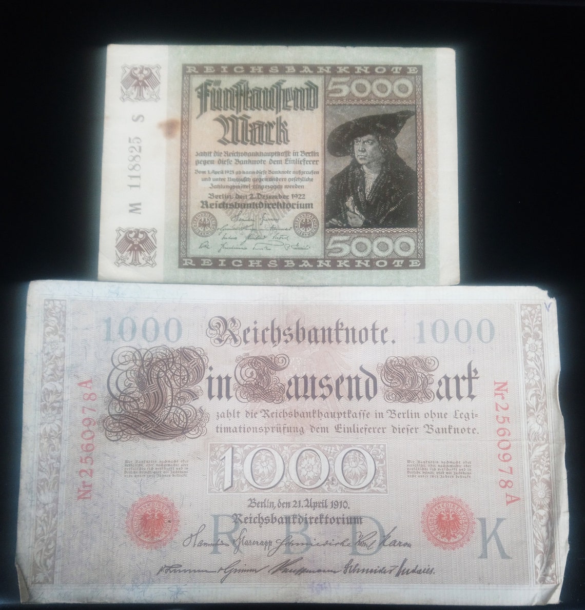 Vintage Pair of Antique German Banknotes, 5000 Marks 1922 and 1000 ...