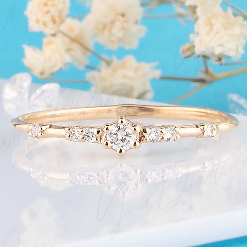 14k Solid Yellow Gold Diamond Promise Ring for Her Dainty & - Etsy