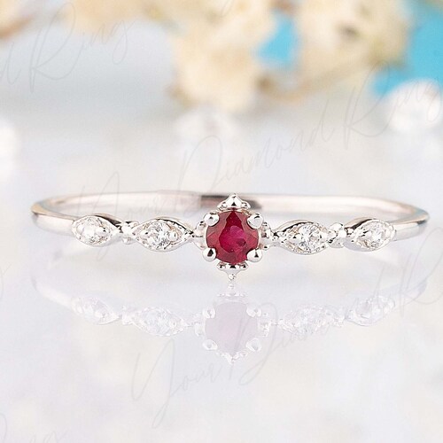 14k Solid White Gold Art Deco Pink Ruby Promise Ring for Her - Etsy