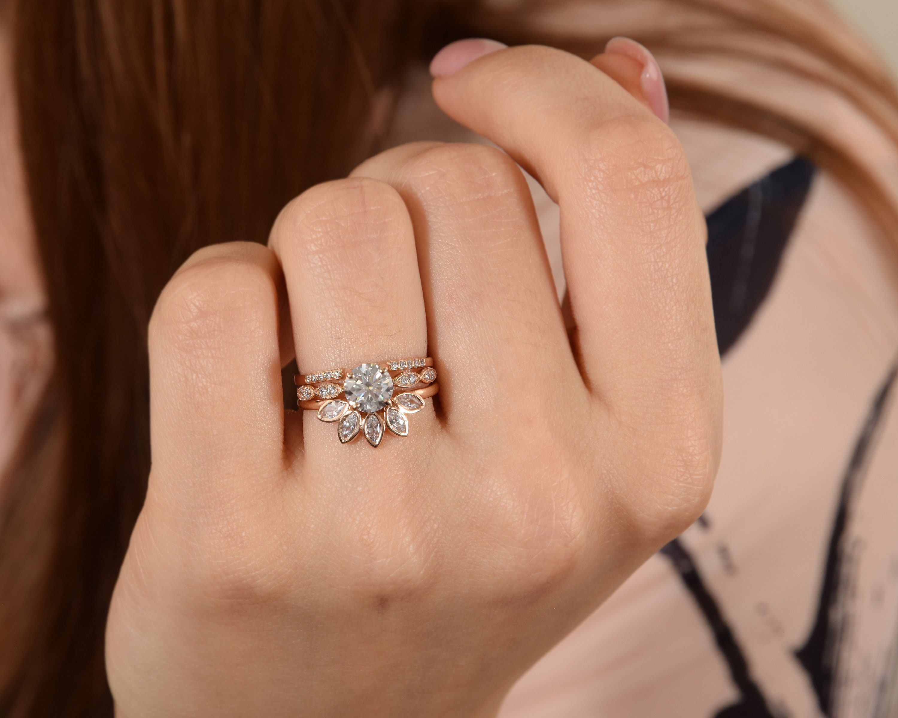 Victorian gold bridal 3 rings set 14k rose gold 1.0ct round | Etsy