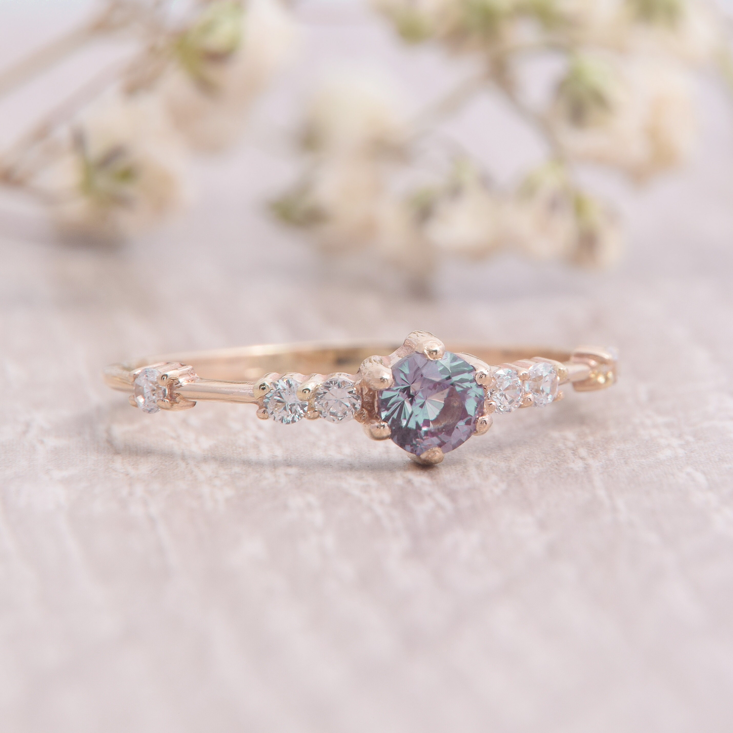Dainty small 14k rose gold alexandrite engagement ring Unique | Etsy