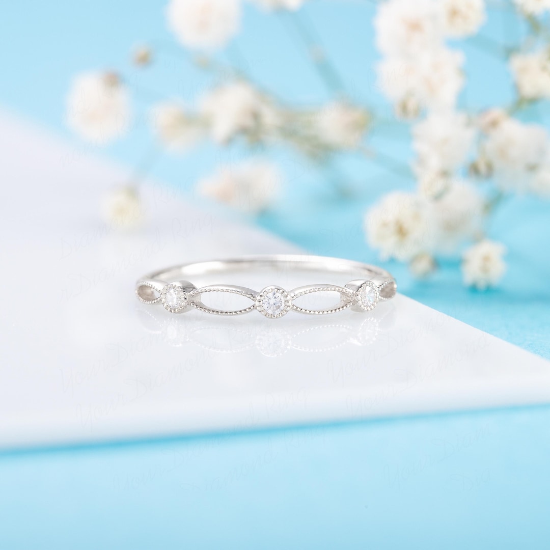Dainty Minimalist 3 Diamond Art Deco Wedding Band Unique 14k White Gold ...