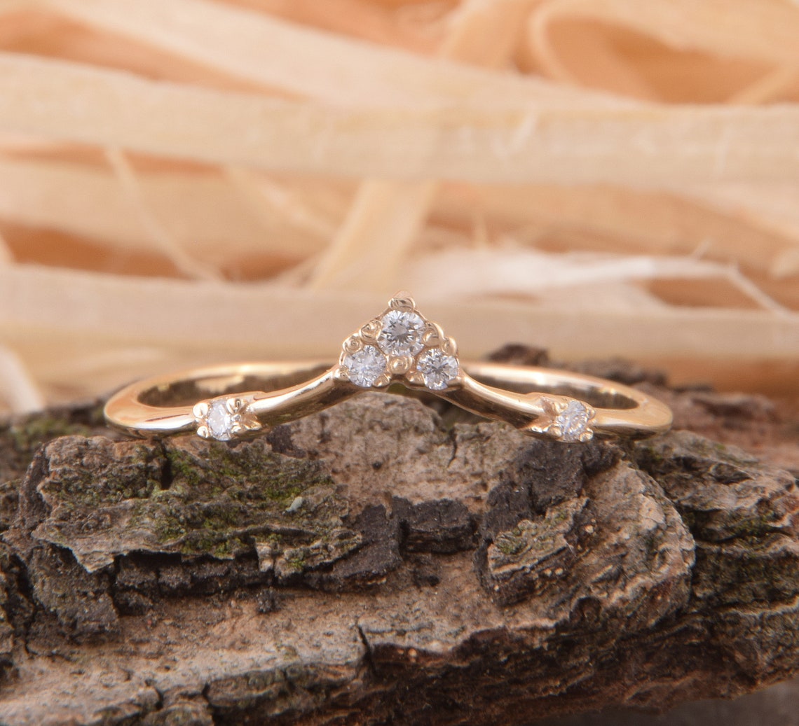 Small & Dainty womens curved diamond wedding band V wedding | Etsy