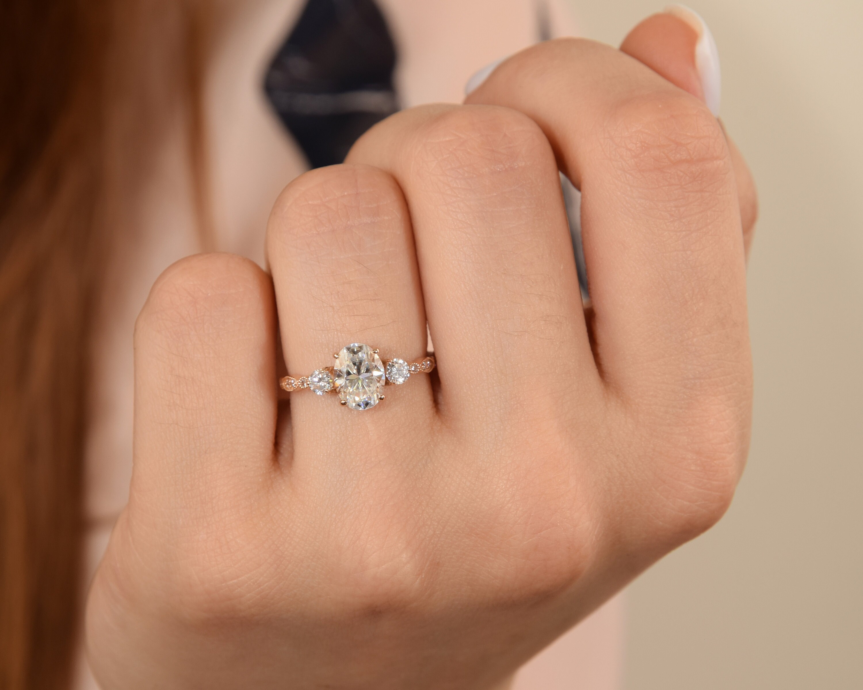 3 stone setting 1.5ct moissanite milgrain engagement ring | Etsy