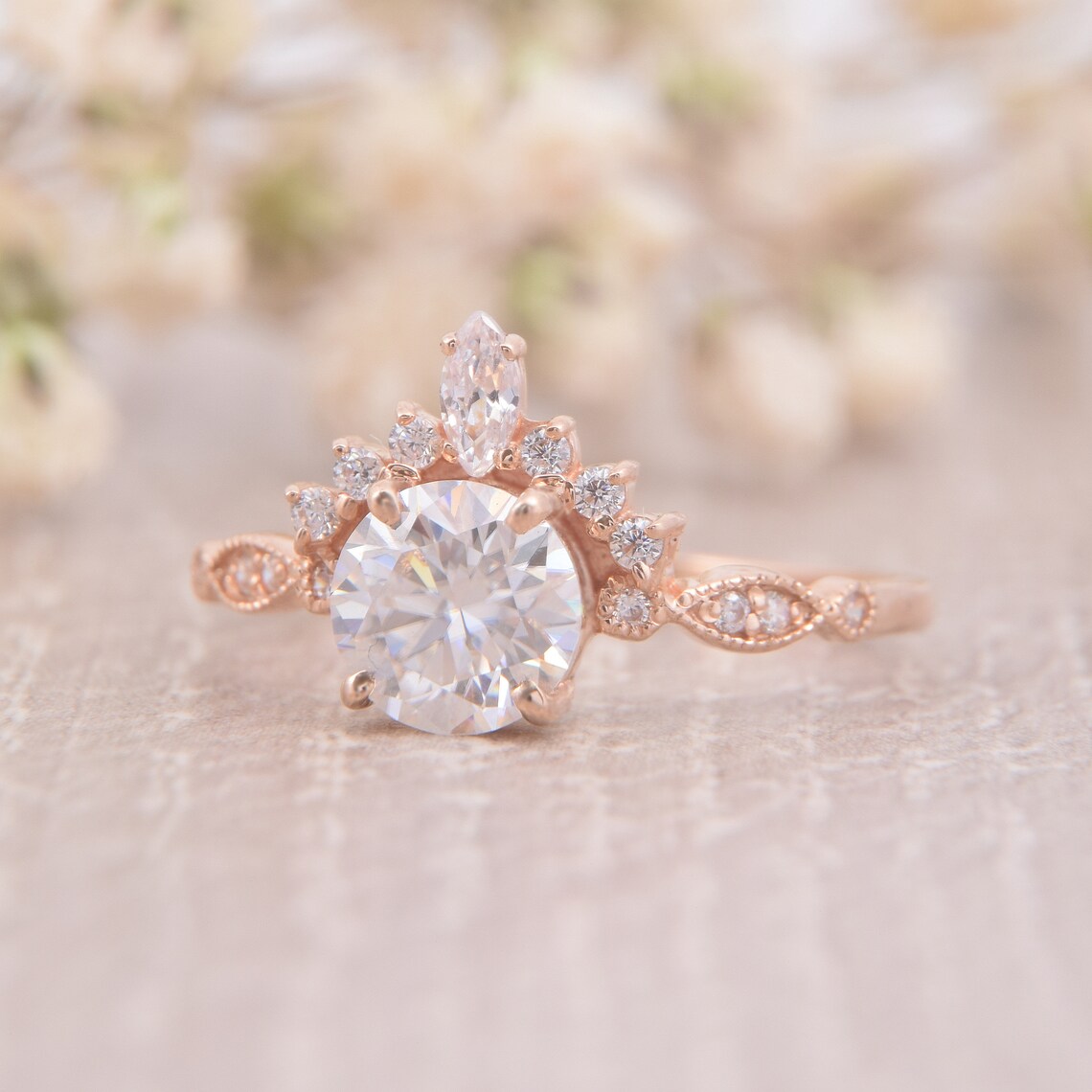 Unique art deco 14k rose gold 1CT round cut moissanite womens | Etsy