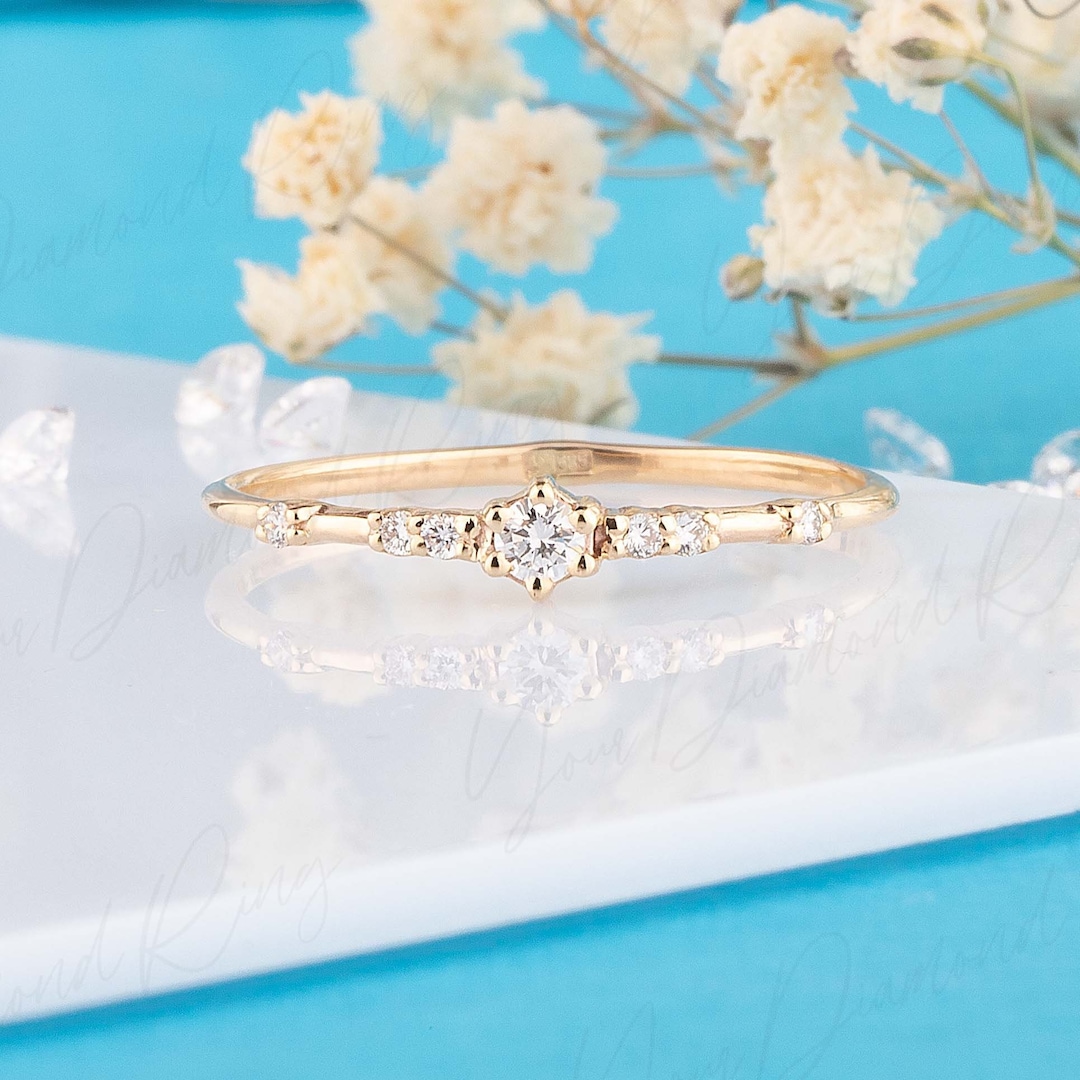 14k Gold Minimalist Diamond Engagement Ring, Dainty Women Diamond ...