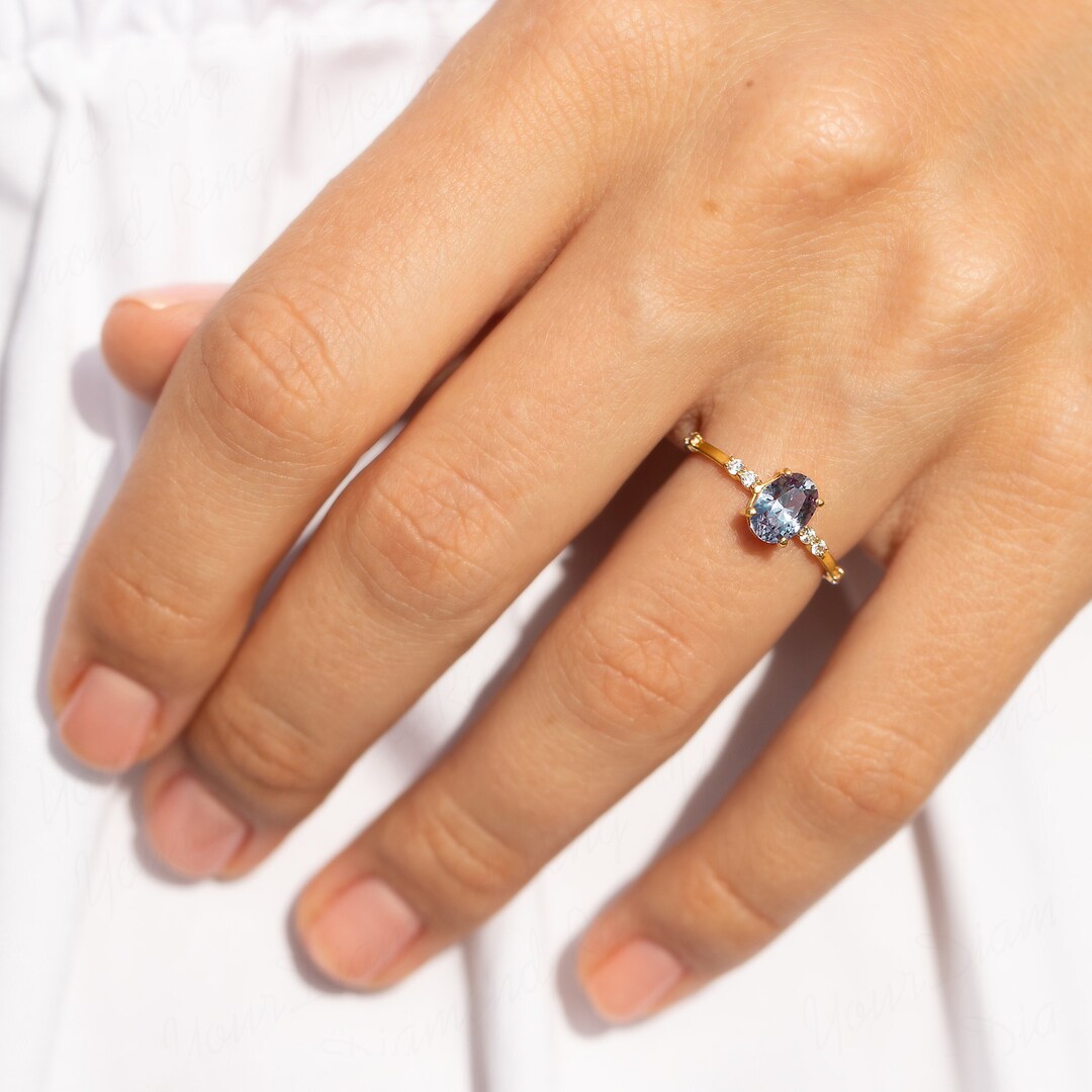 Unique 14k Gold Oval Alexandrite & Diamonds Engagement Ring, Dainty ...