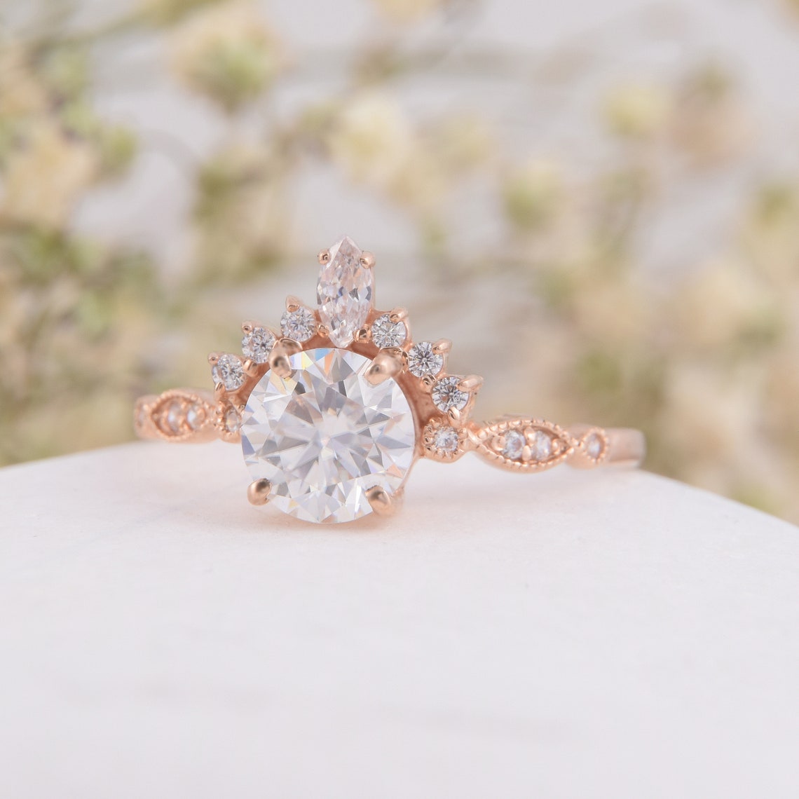 Unique art deco 14k rose gold 1CT round cut moissanite womens | Etsy