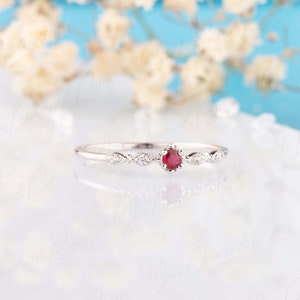 14k Solid White Gold Art Deco Pink Ruby Promise Ring for Her, Small ...