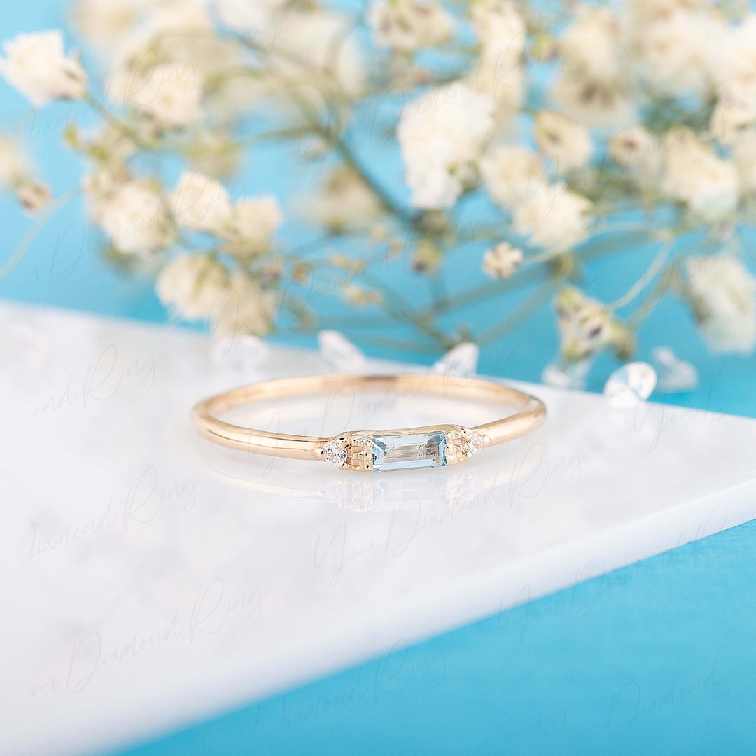 Minimalist Baguette Aquamarine & Diamond Engagement Ring for Her, 14k ...