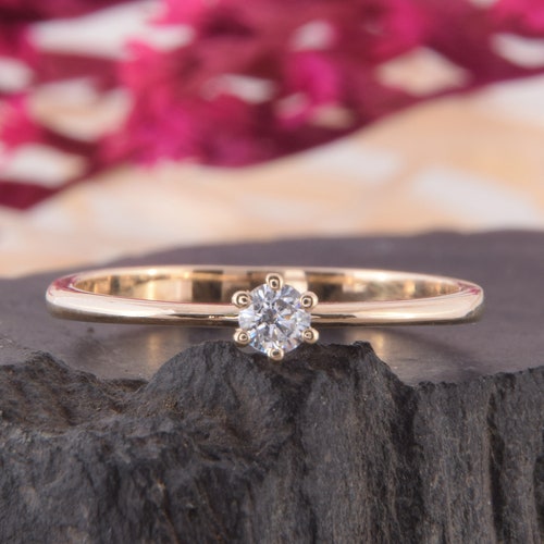 14k Solid Yellow Gold Simple Diamond Promise Ring for Her - Etsy