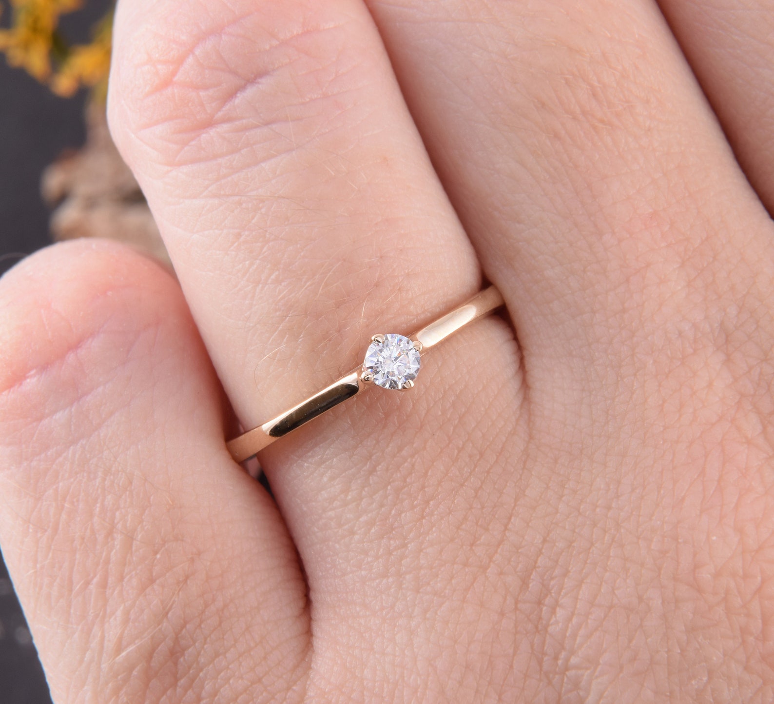 14k Solid Yellow Gold Simple Diamond Promise Ring for Her | Etsy