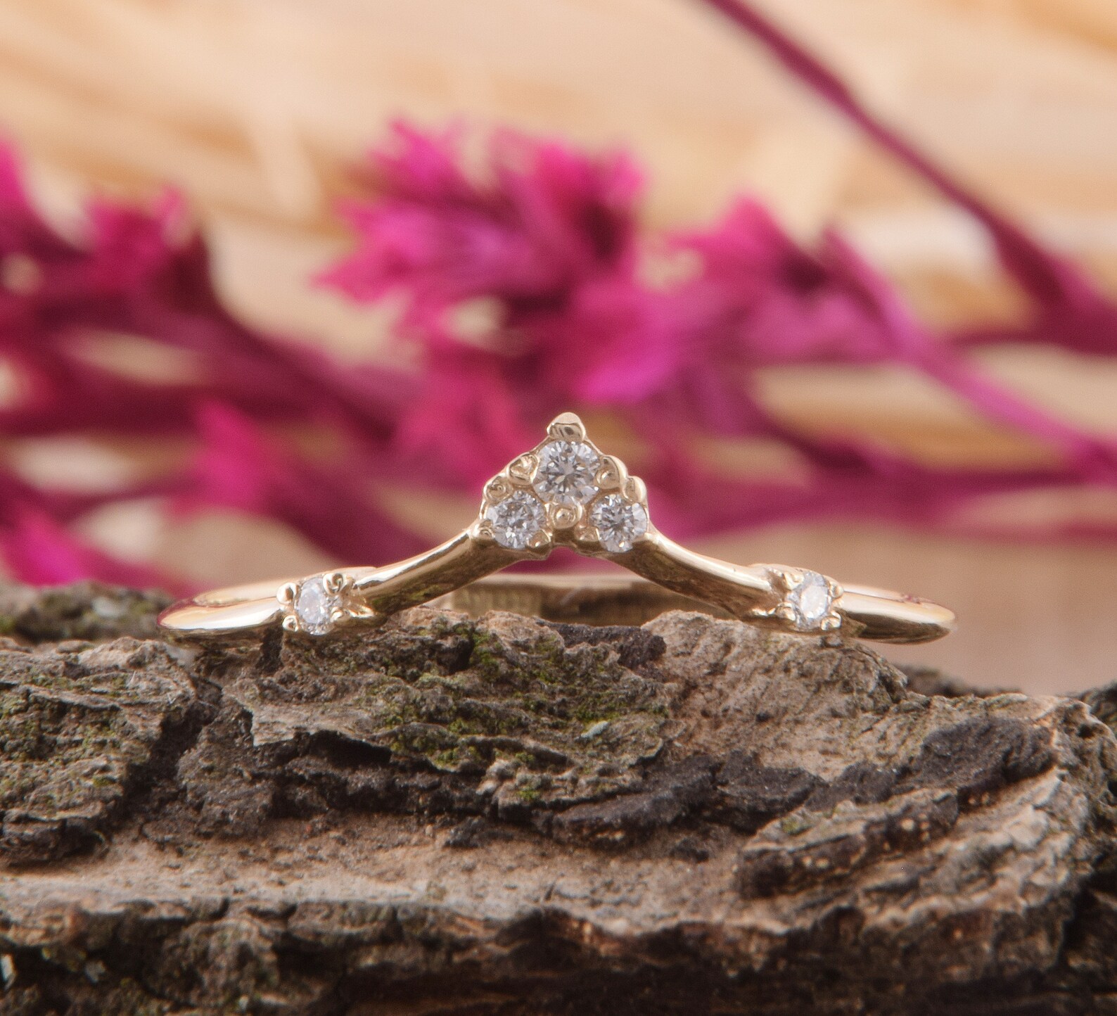 Small & Dainty womens curved diamond wedding band V wedding | Etsy