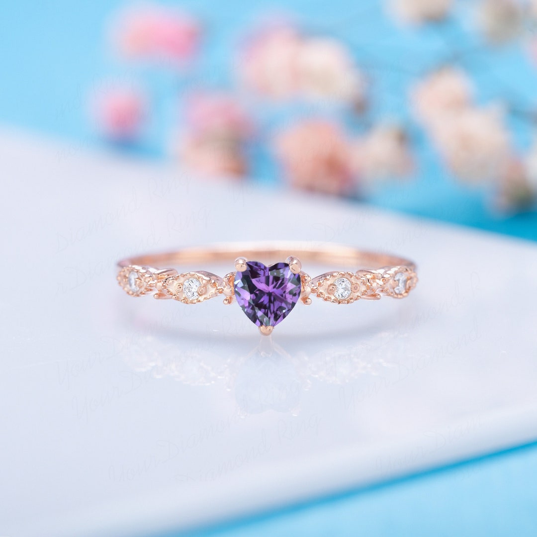 Alexandrite Ring, Unique Heart Alexandrite Engagement Ring, Dainty 14k ...