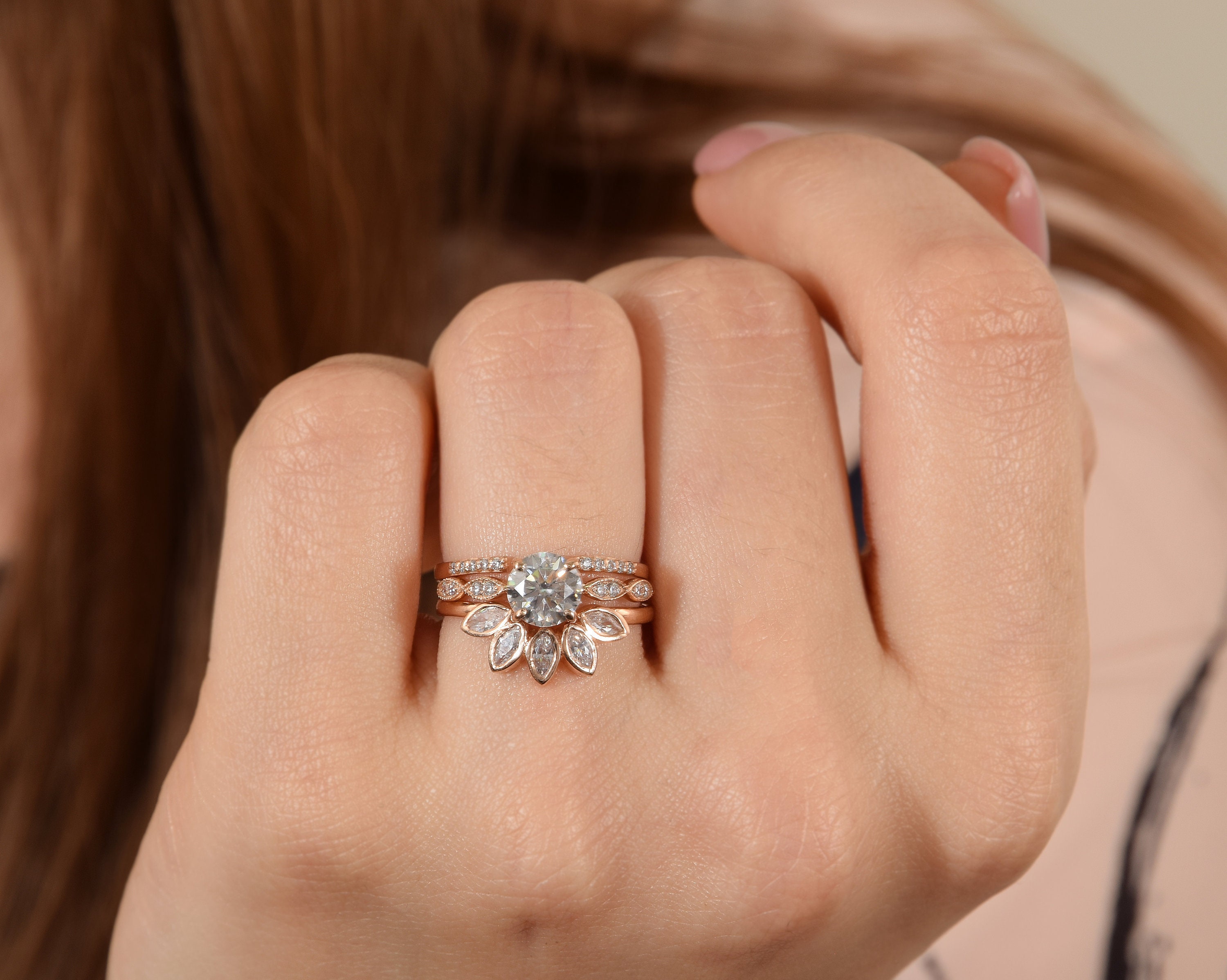 Victorian gold bridal 3 rings set 14k rose gold 1.0ct round | Etsy