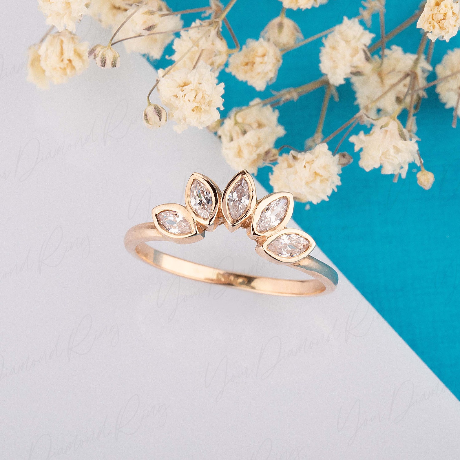 Unique 14k Rose Gold Curved Crown Marquise Cut Diamond Womens - Etsy