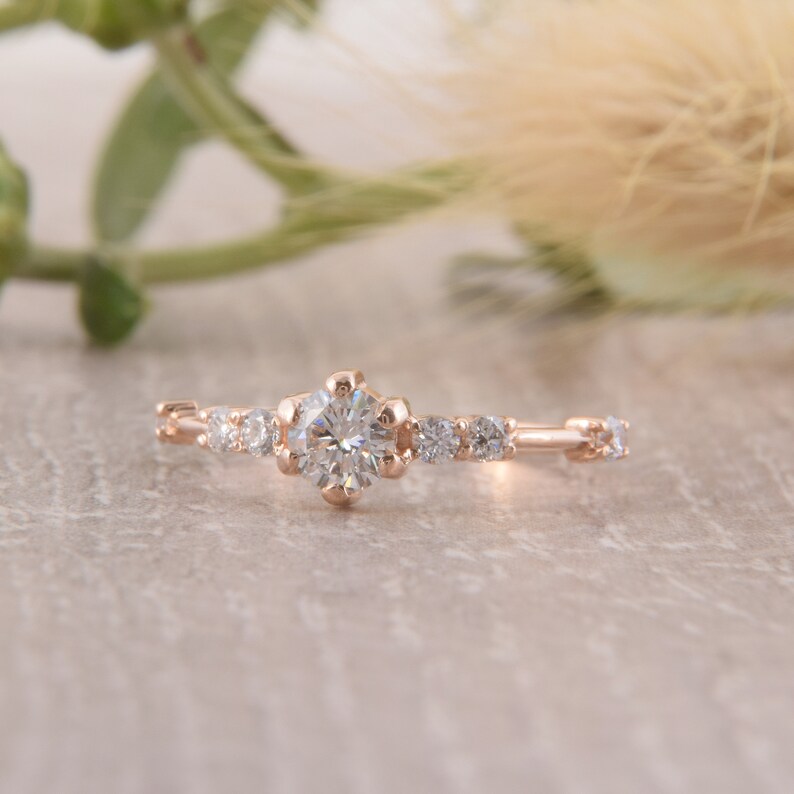 Unique 14k rose gold diamond engagement ring Simple & dainty | Etsy