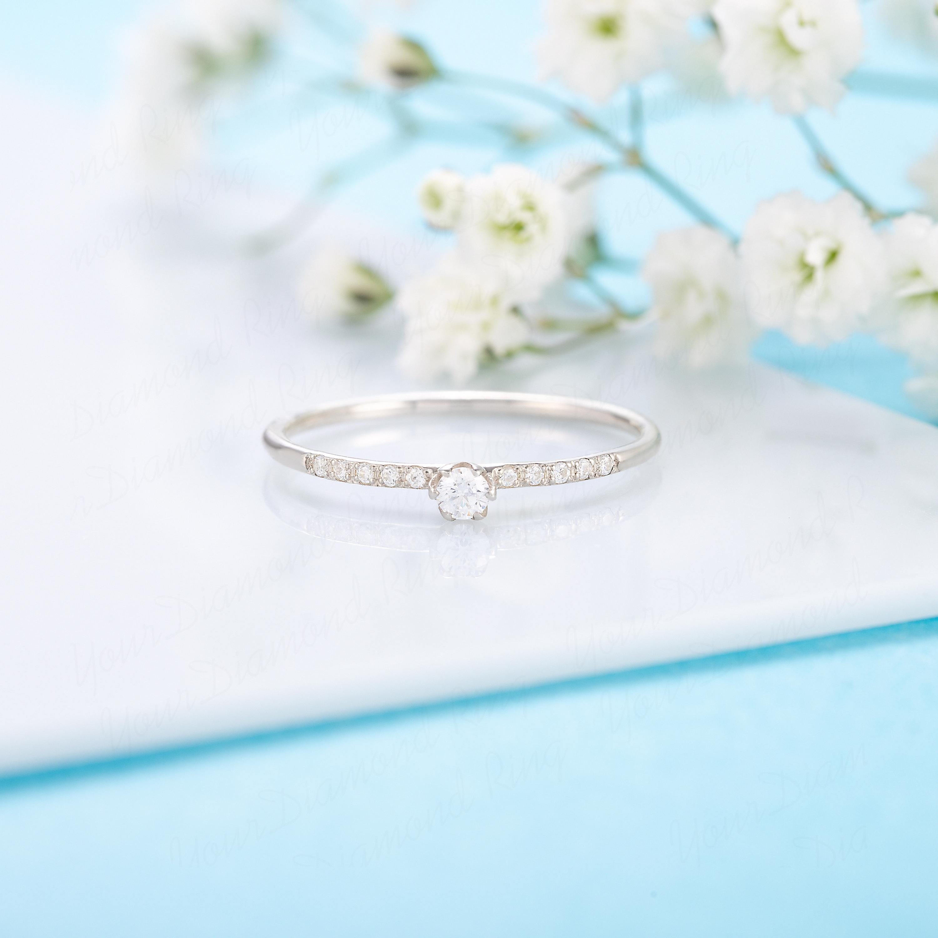 Women Dainty Tiny Diamond Engagement Ring, Unique Minimalist 14k White ...