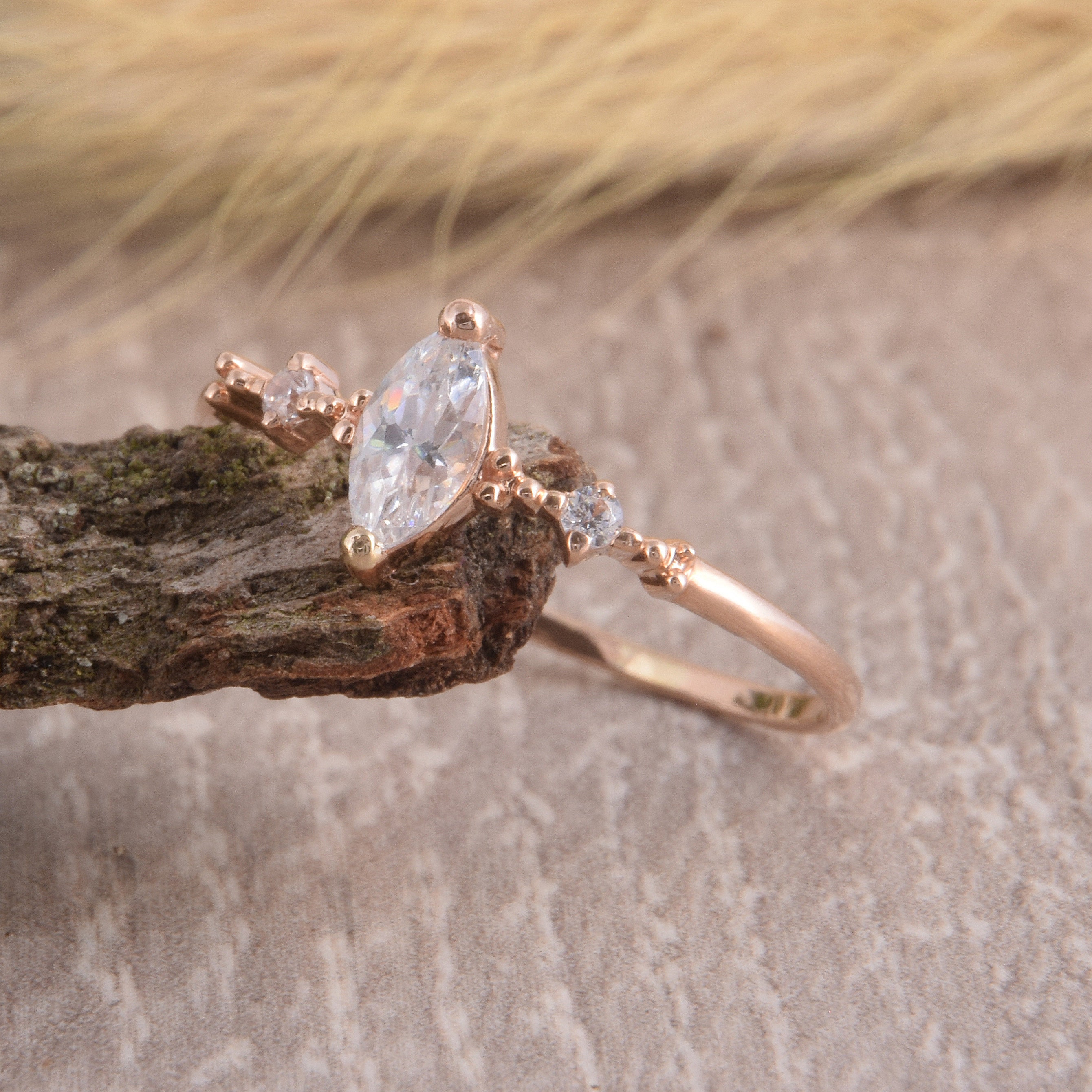 Dainty 14k rose gold antique style art deco marquise | Etsy