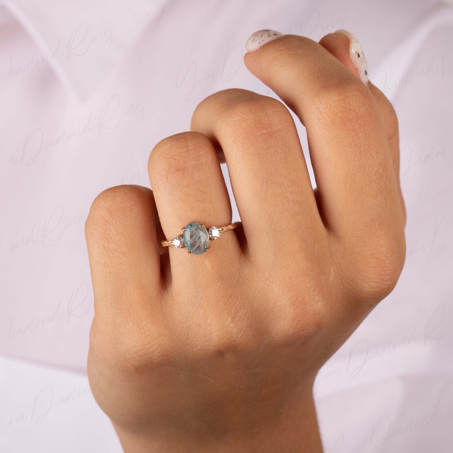 Nature Inspired 3 Stone Setting Oval Moss Agate Leaf | Etsy