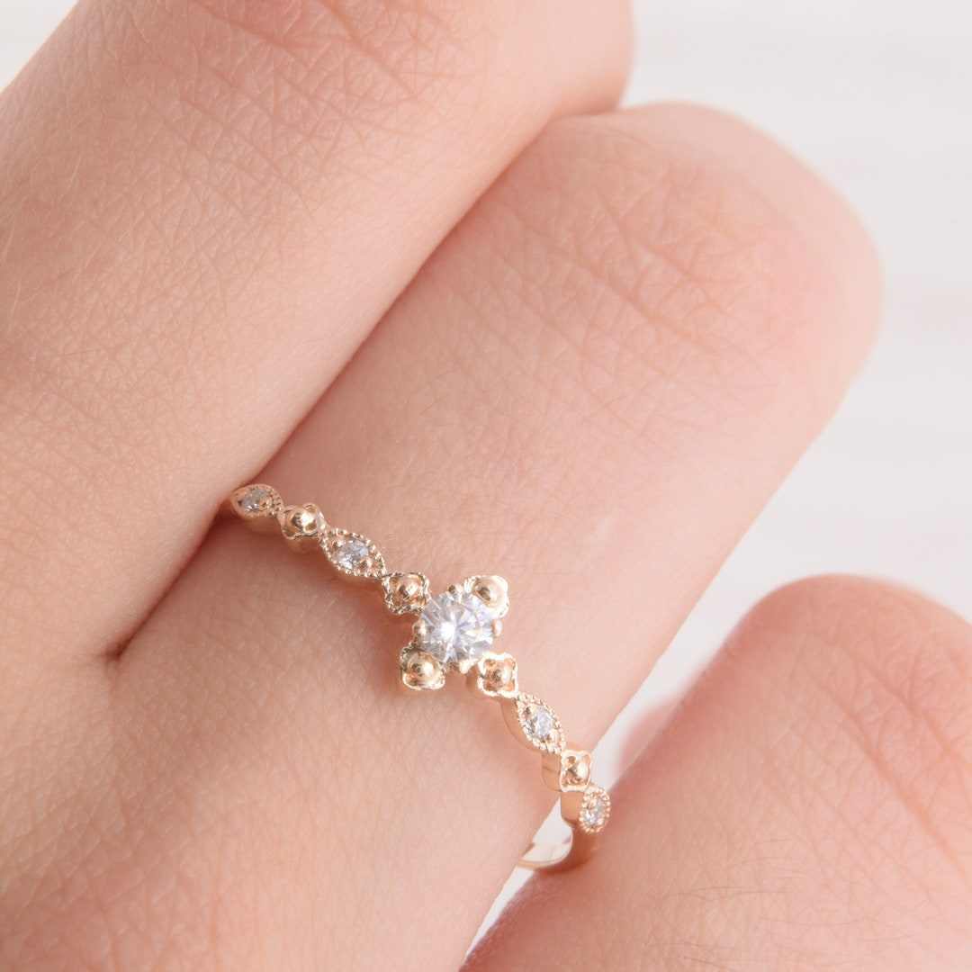 Unique 14k Yellow Gold Art Deco Diamond Promise Ring for Her, Small ...