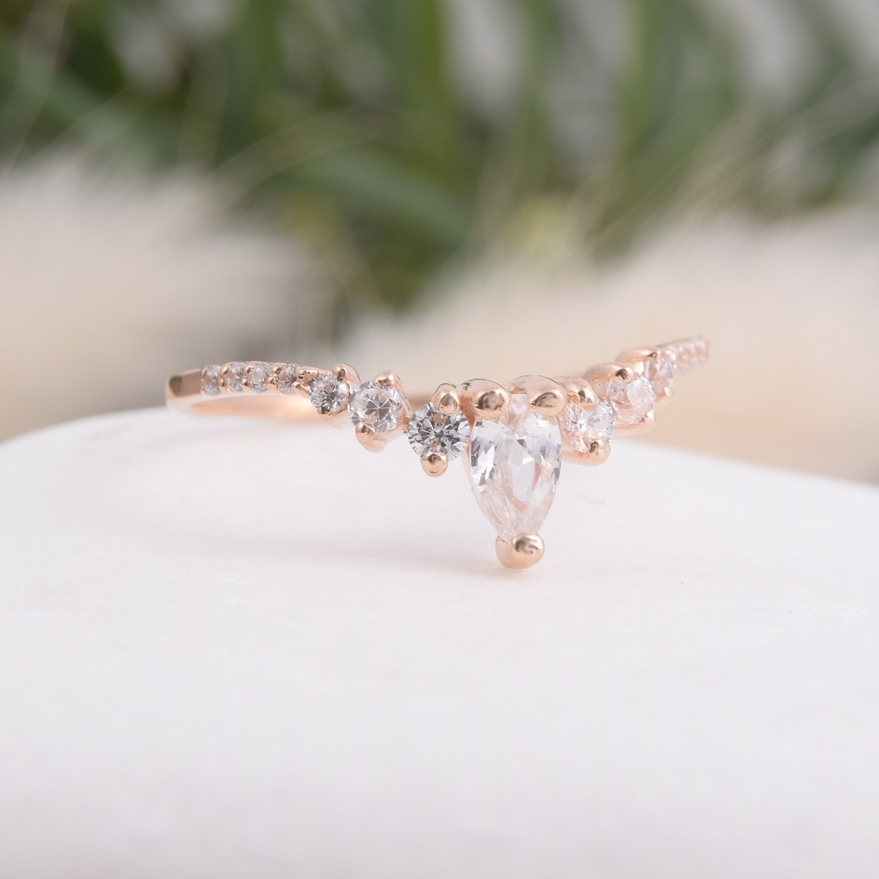 Dainty 14k Rose Gold Curved Crown Wedding Band With Pear Cut Diamond ...