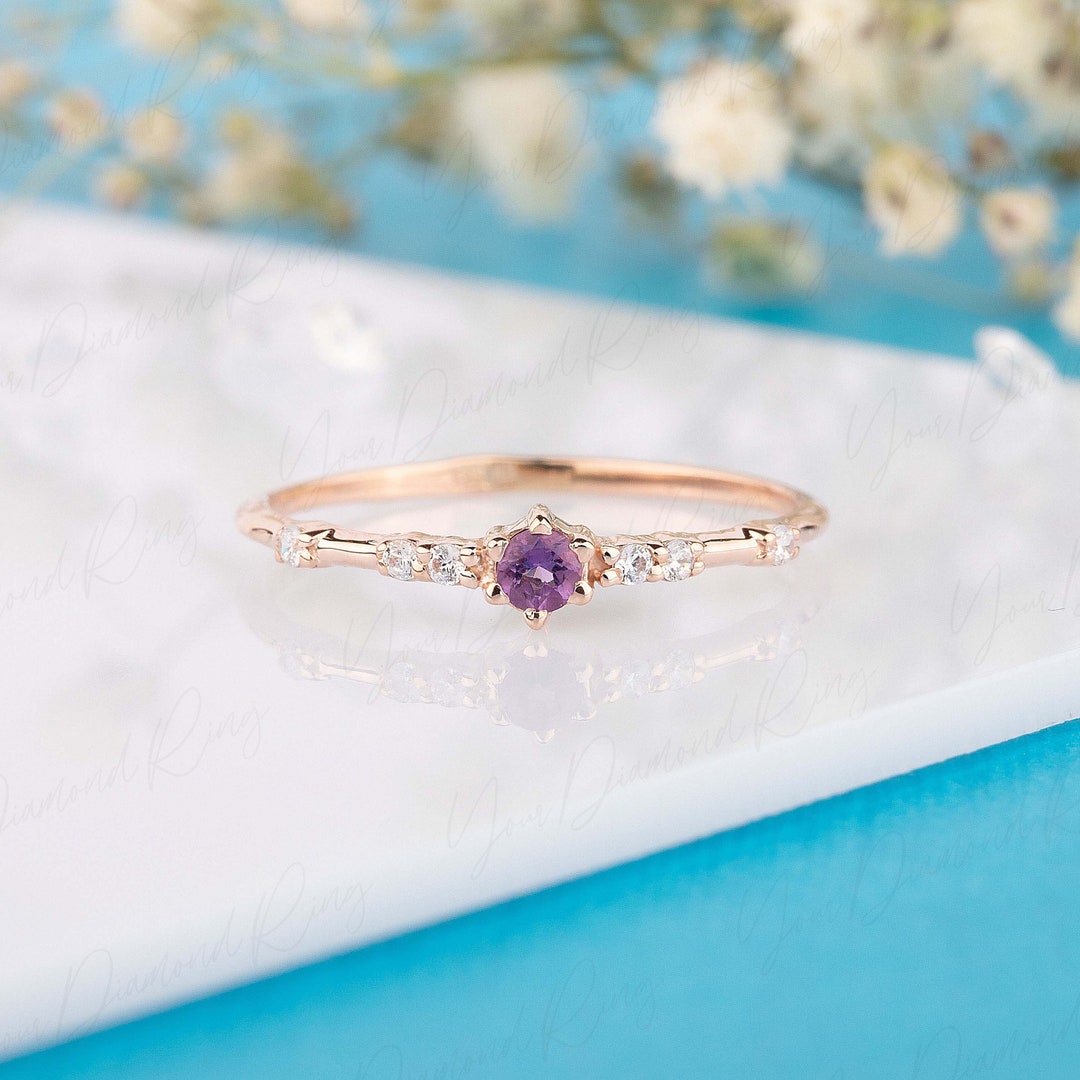Minimalist Amethyst & Diamond Engagement Ring, Women Purple Amethyst ...