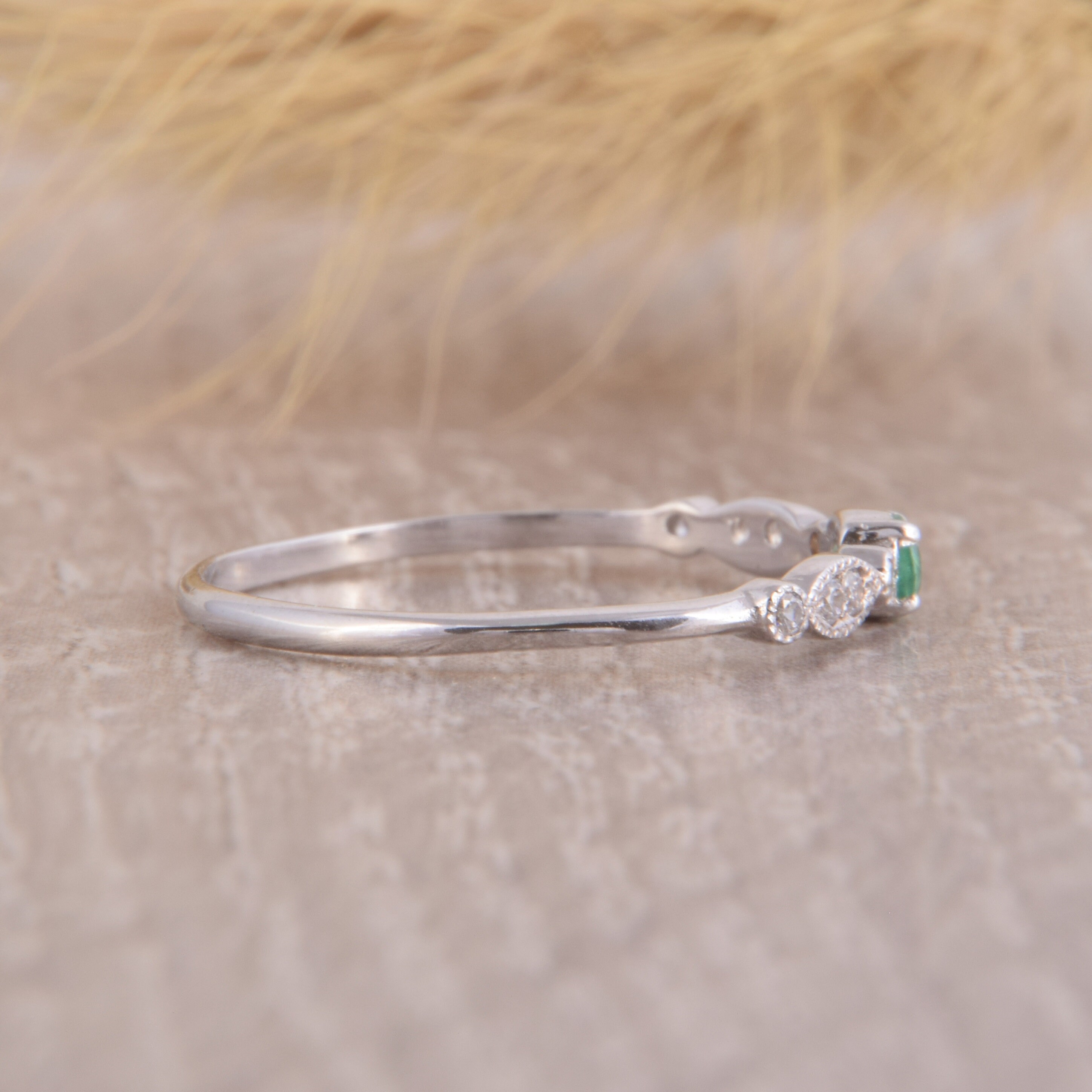 14k solid white gold dainty art deco emerald & diamond promise | Etsy