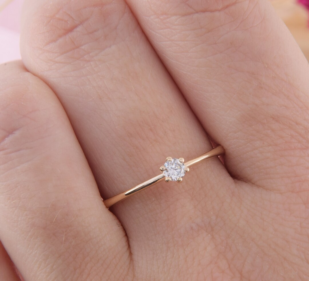 14k Yellow Gold Dainty & Simple Diamond Promise Ring for Her, Small ...