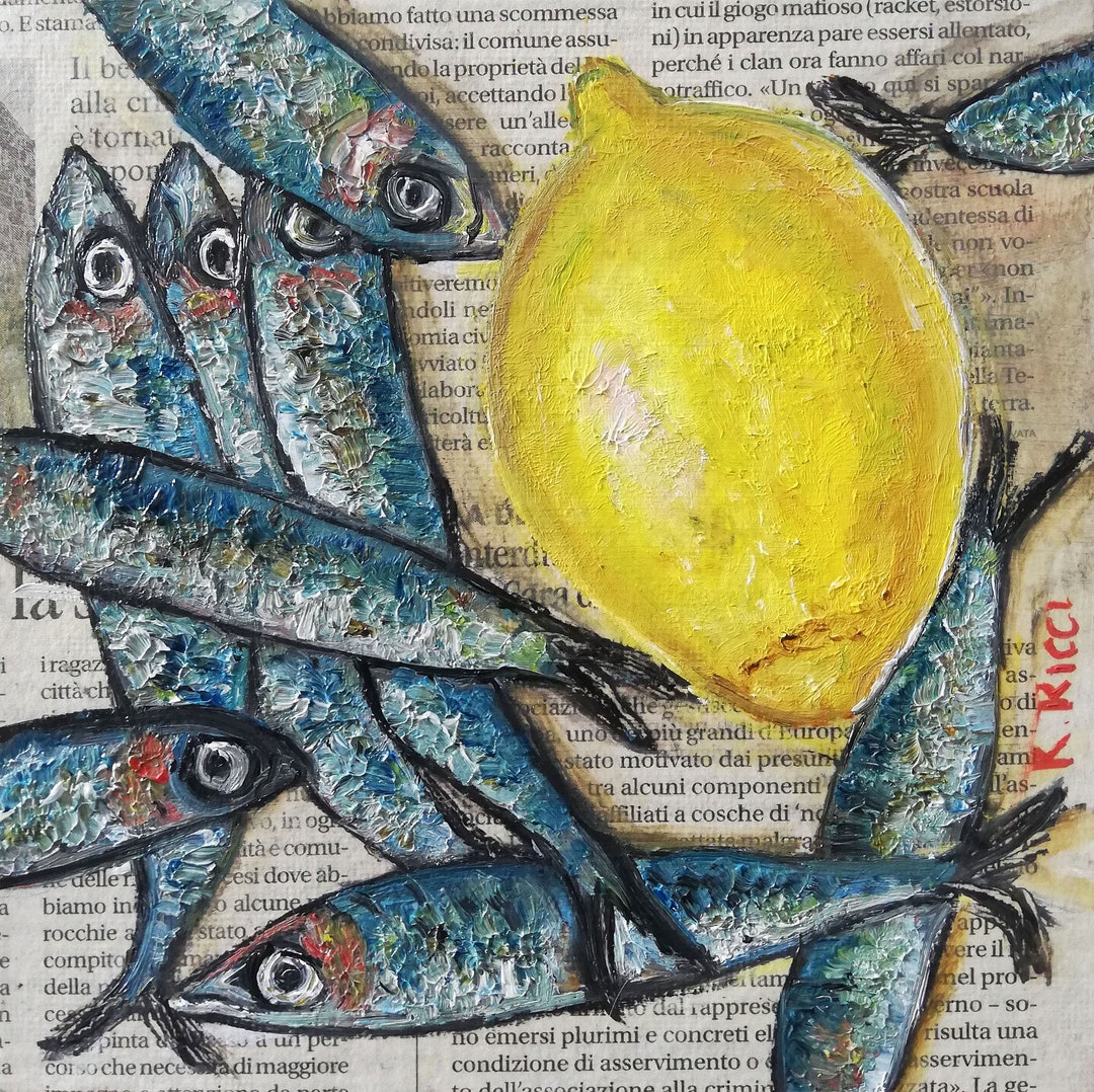 Sardine Painting Original Lemon Fish on Newspaper Hand-painted ...