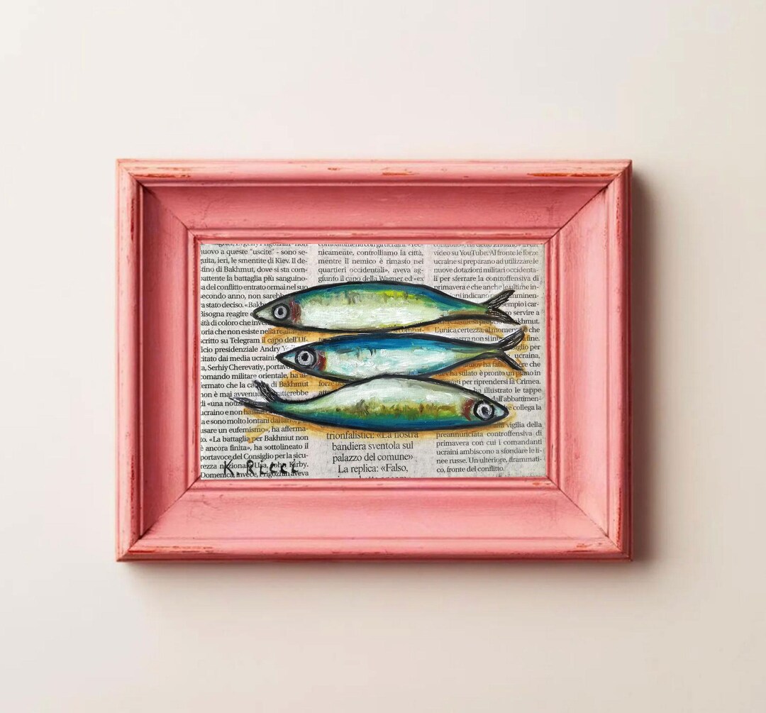 Anchovies Oil Painting: Small Impasto Sardine Fish Art on Newspaper ...