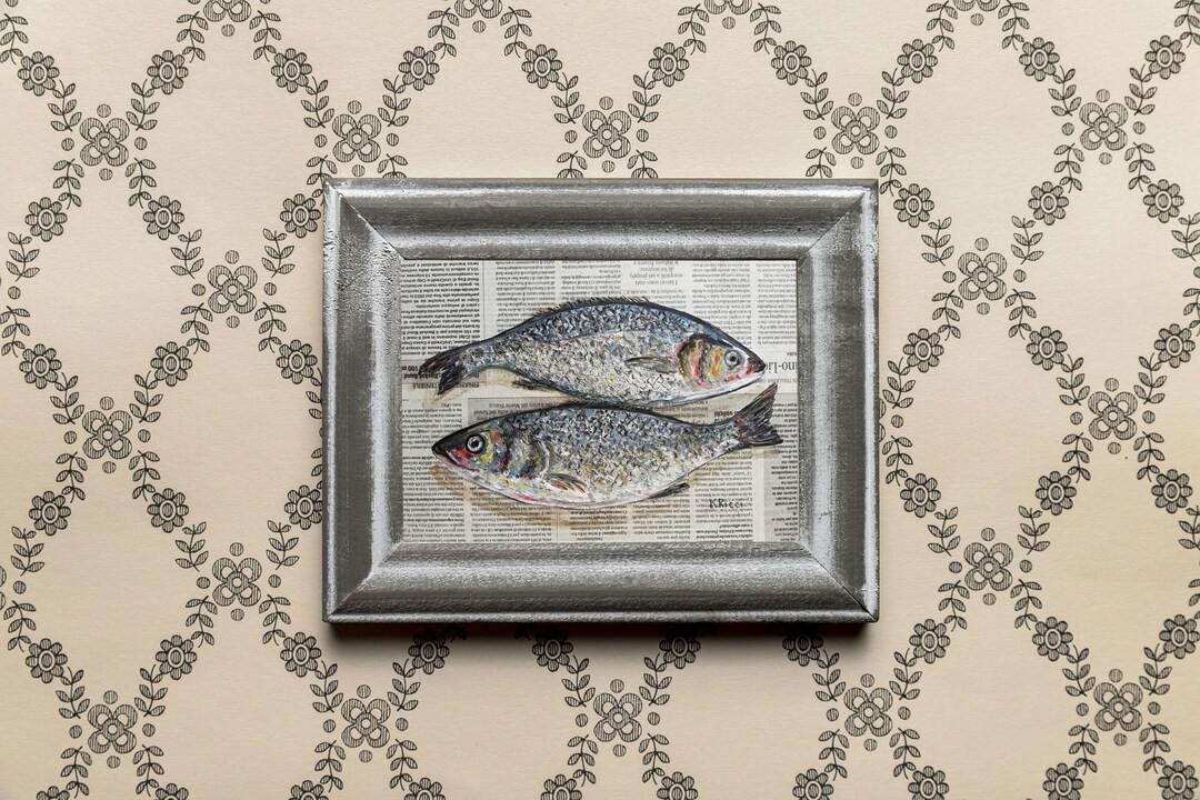 Fish Painting Original on Newspaper Sardine Seafood Kitchen Food Ocean ...