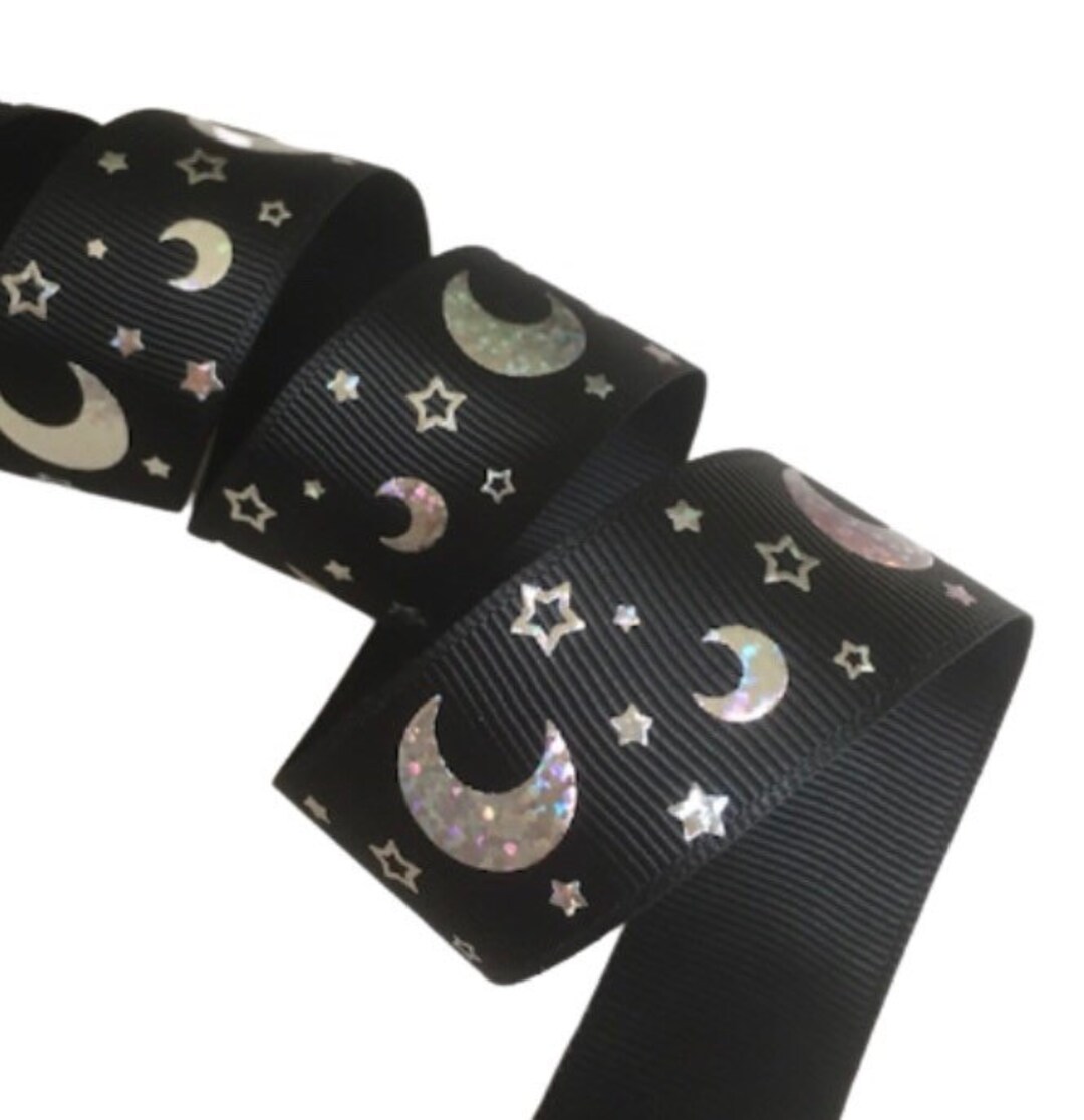 2m Moons Stars Foil Black Ribbon 25mm Grosgrain Ribbon 1 - Etsy UK