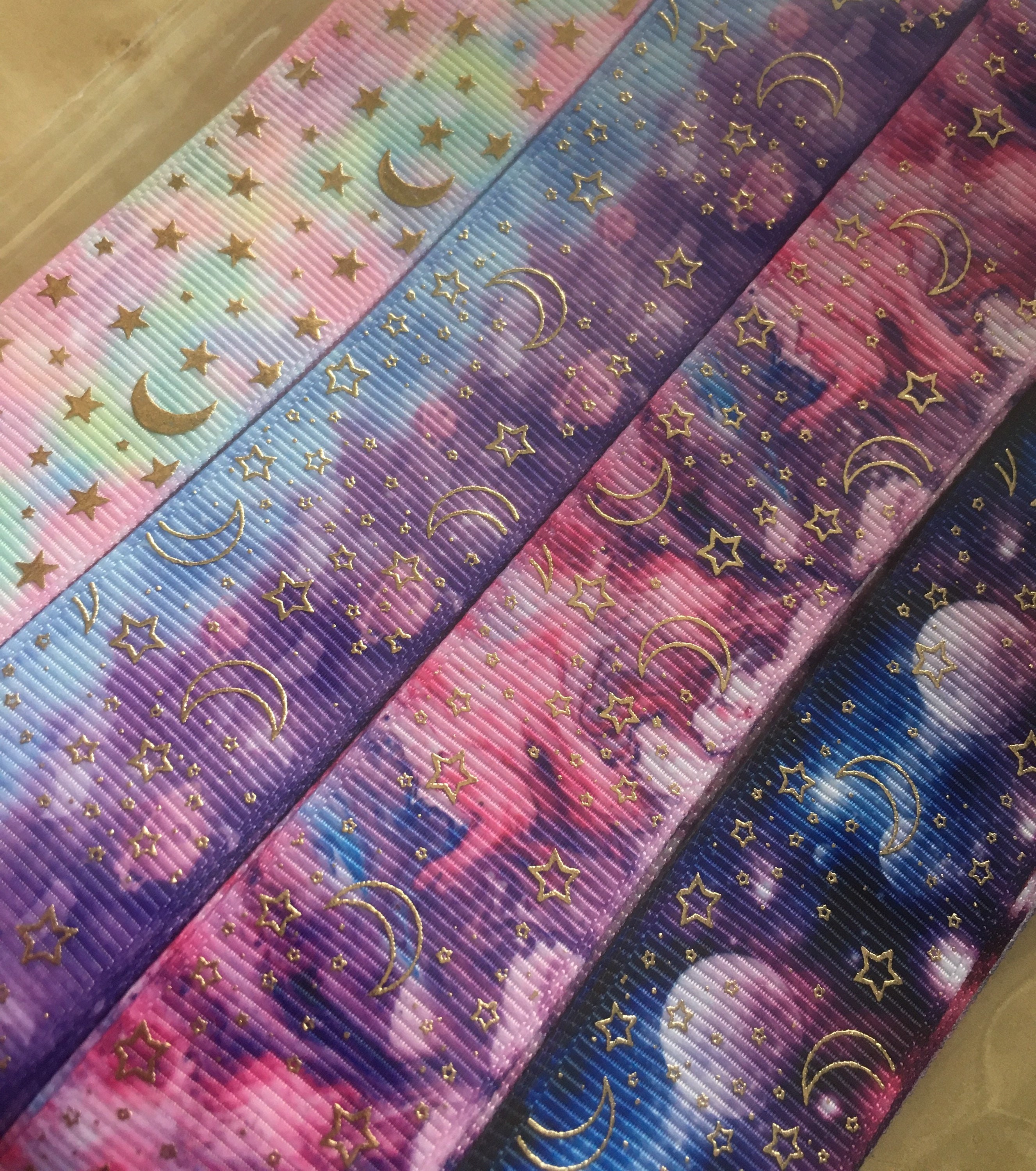 2m moons stars pink purple ribbon with gold foil 25mm 1 inch - Etsy.de