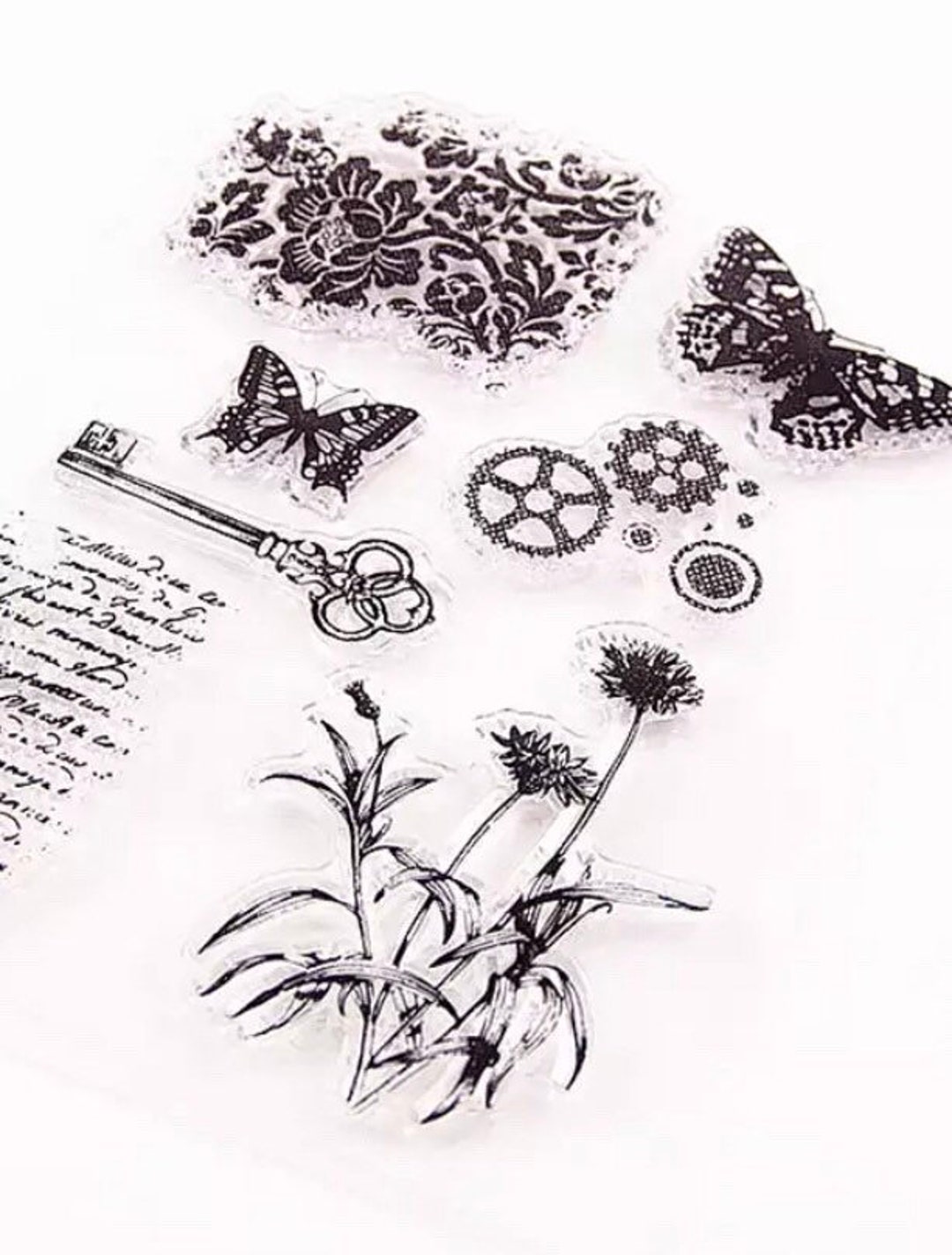 Butterfly Keys Cogs Script Plant Flower Silicone Rubber Stamp - Etsy