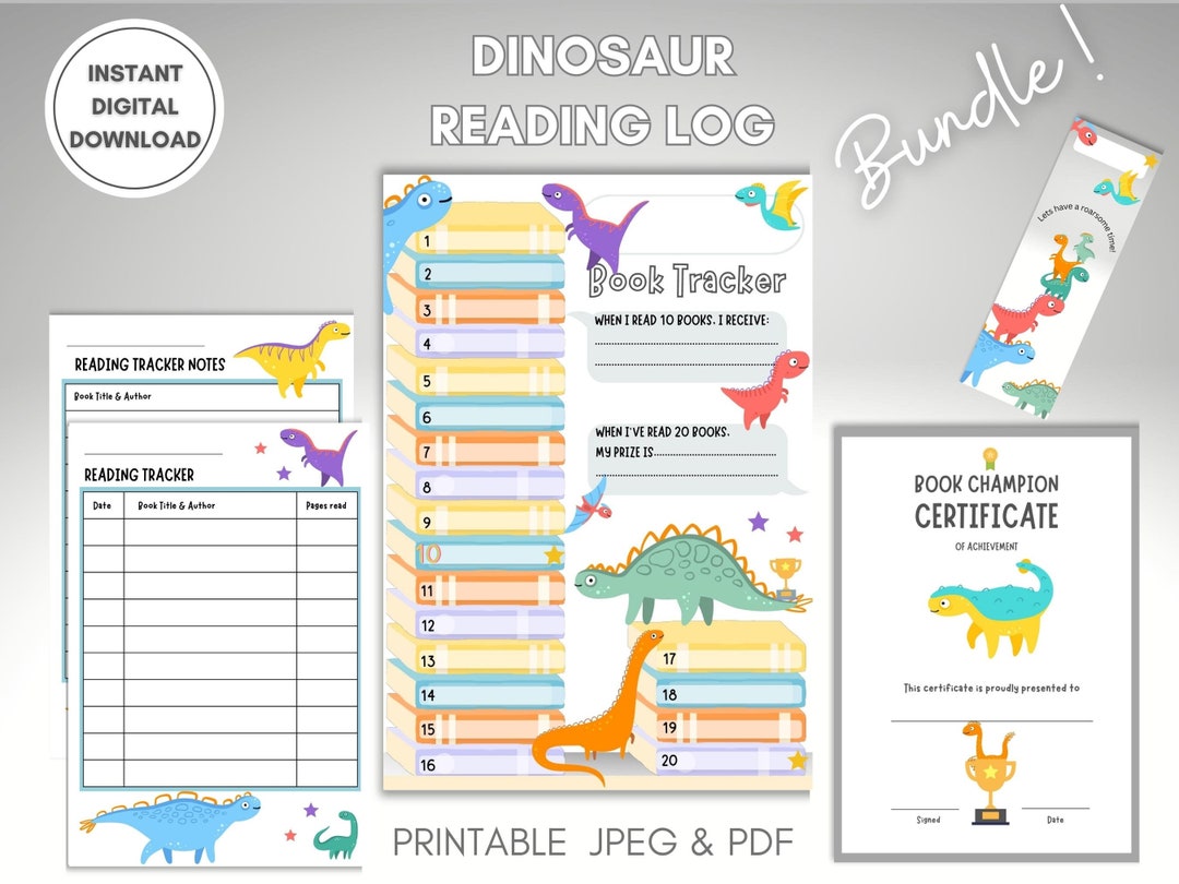 Kids Reading Log Printable Bundle, Dinosaur Chart, Reading Log for Kids ...