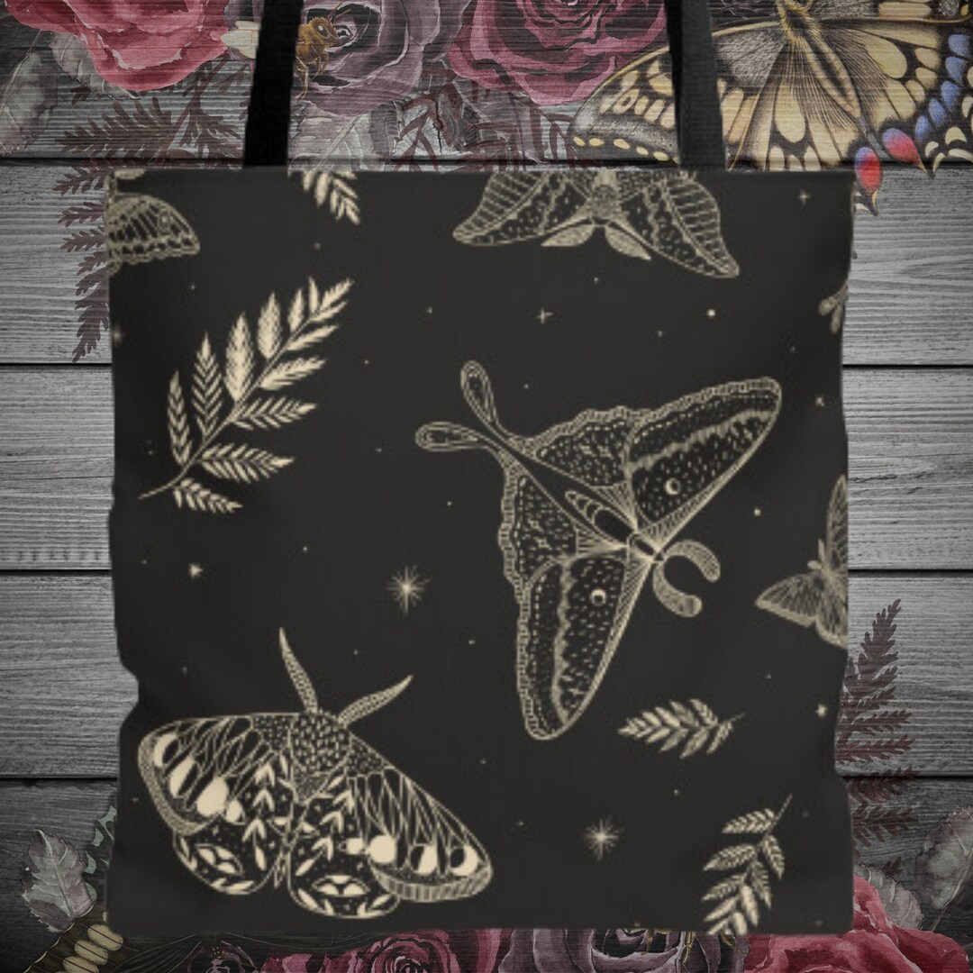 Black Moth Pattern Tote Bag, Cottagecore Black Gothic Bookbag, Witchy ...