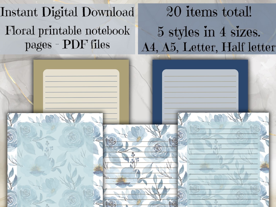 Floral Aesthetic Blue Rose Printable Lined Stationary Paper, Cute ...