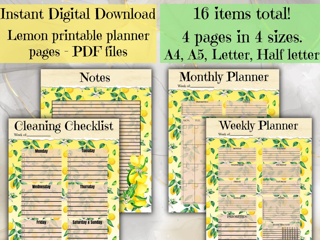 Cottagecore Lemon Stationary Planner Printable Journal Pages, Undated ...