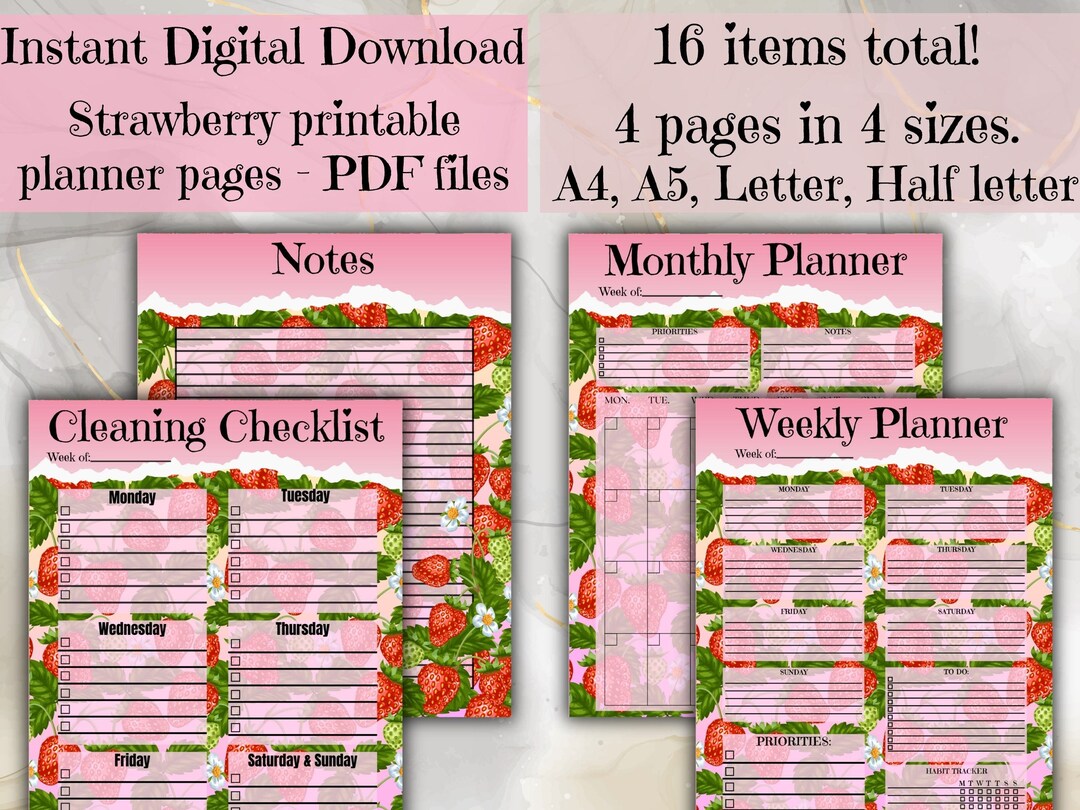 Cottagecore Strawberry Stationary Planner Printable Journal Pages ...