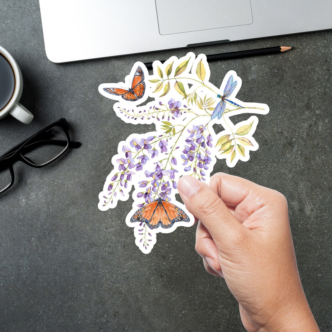 Pressed Flowers Wisteria Sticker, Vintage Pastel Butterfly Floral Decal ...