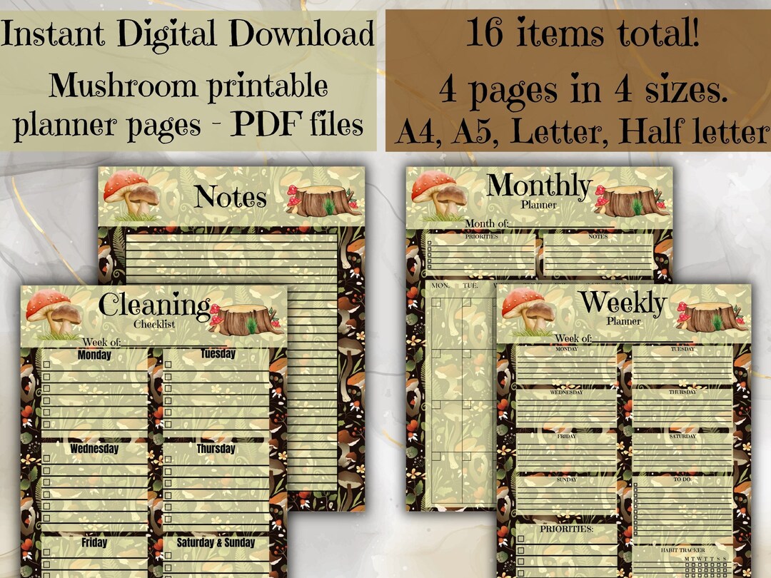 Cottagecore Mushroom Stationary Planner Printable Journal Pages ...