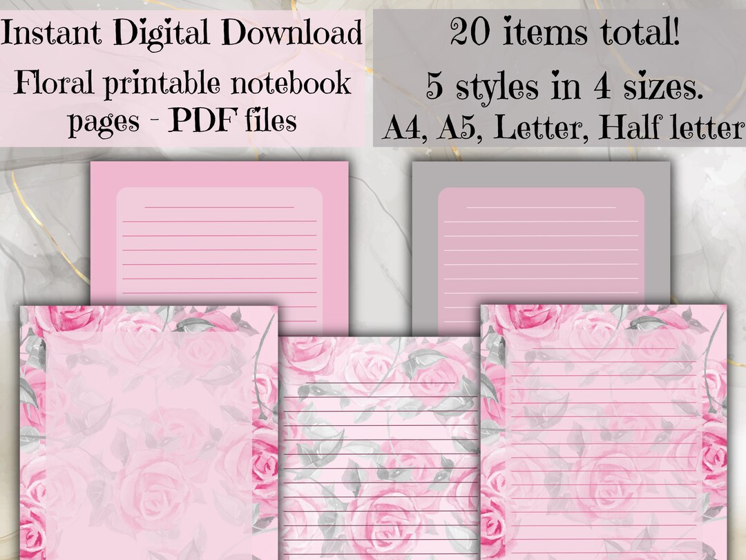 Floral Aesthetic Printable Lined Stationary Paper, Cute Rose Print Note ...