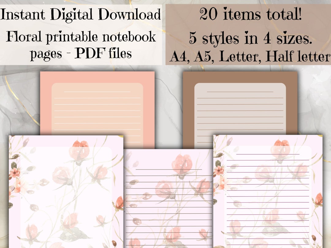 Floral Aesthetic Rose Printable Lined Stationary Paper, Cute Flower ...